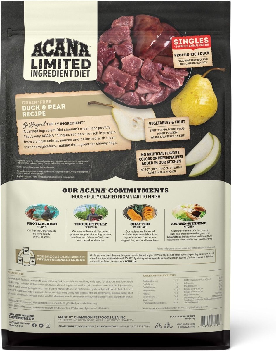 ACANA Singles Limited Ingredient Duck & Pear Grain-Free Dry Dog Food ...