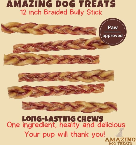 AMAZING DOG TREATS Adult 12-inch Beef Braided Bully Stick Dog Treats, 4 ...