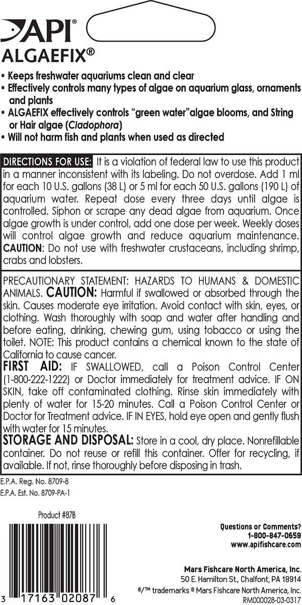 API Algaefix Algae Control Aquarium Solution, 1.25-fl oz bottle - Chewy.com