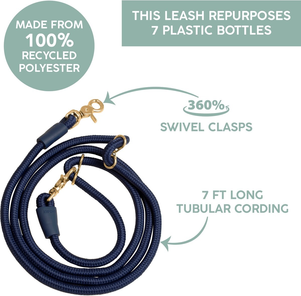 AWOO Infinity Standard Dog Leash, 7-ft long, Navy - Chewy.com