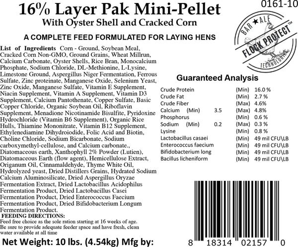 BAR ALE 16% Layer Mini-Pellet Cracked Corn & Oyster Shell Chicken Feed ...