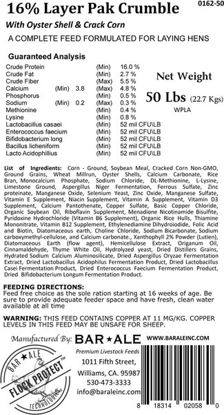 BAR ALE 16% Protein Layer Crumble with Cracked Corn & Oyster Shell ...