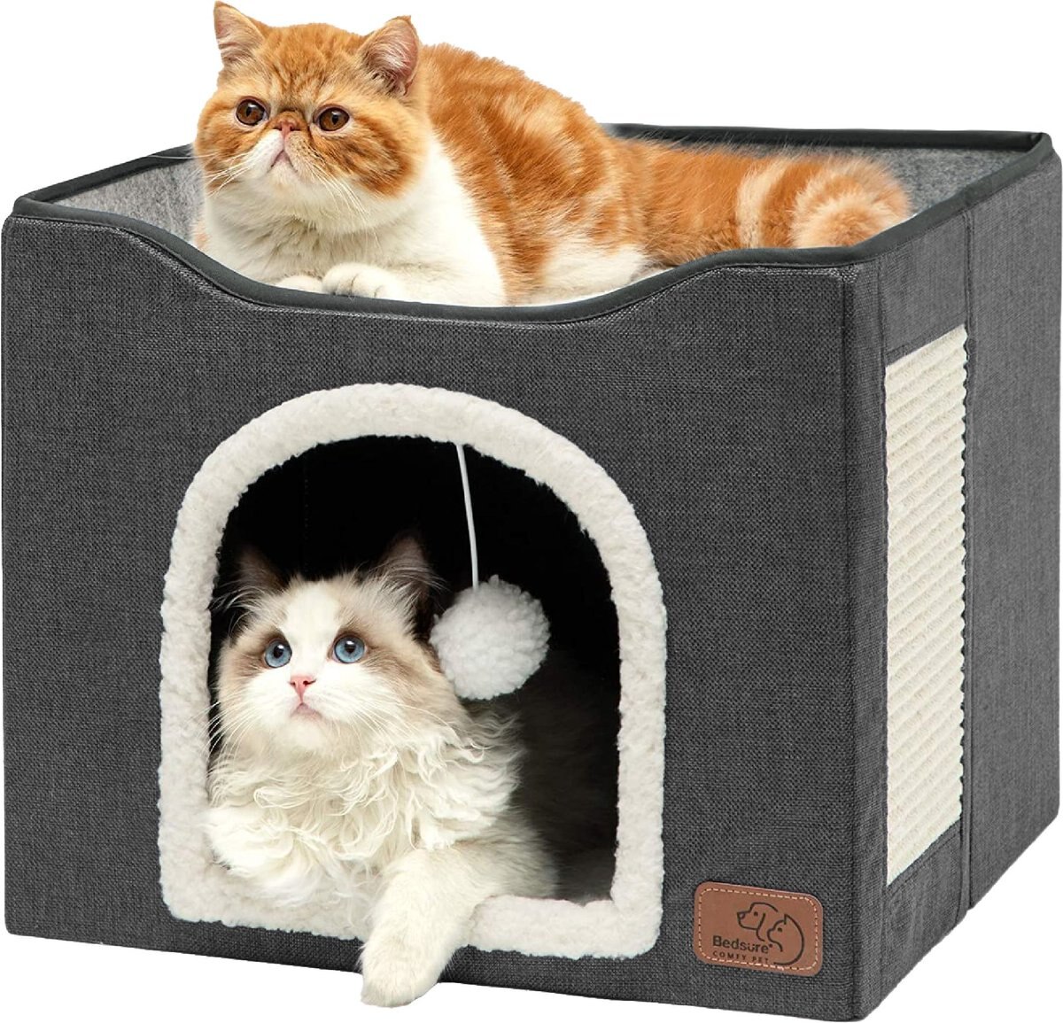 BEDSURE Cat Cave with Fluffy Ball & Scratch Pad Plush Sherpa Foldable ...