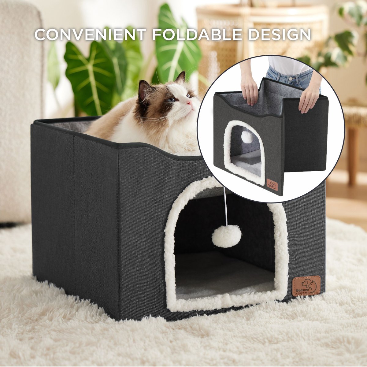 BEDSURE Cat Cave with Fluffy Ball & Scratch Pad Plush Sherpa Foldable ...
