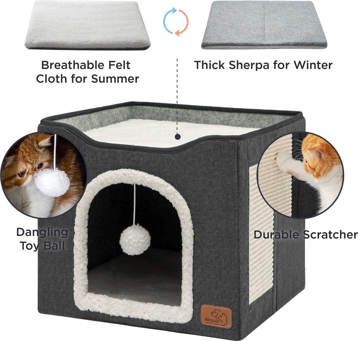 BEDSURE Cat Cave with Fluffy Ball & Scratch Pad Plush Sherpa Foldable ...