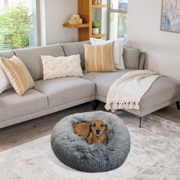 FURHAVEN Calming Cuddler Long Fur Donut Bolster Dog Bed, Gray, Small ...