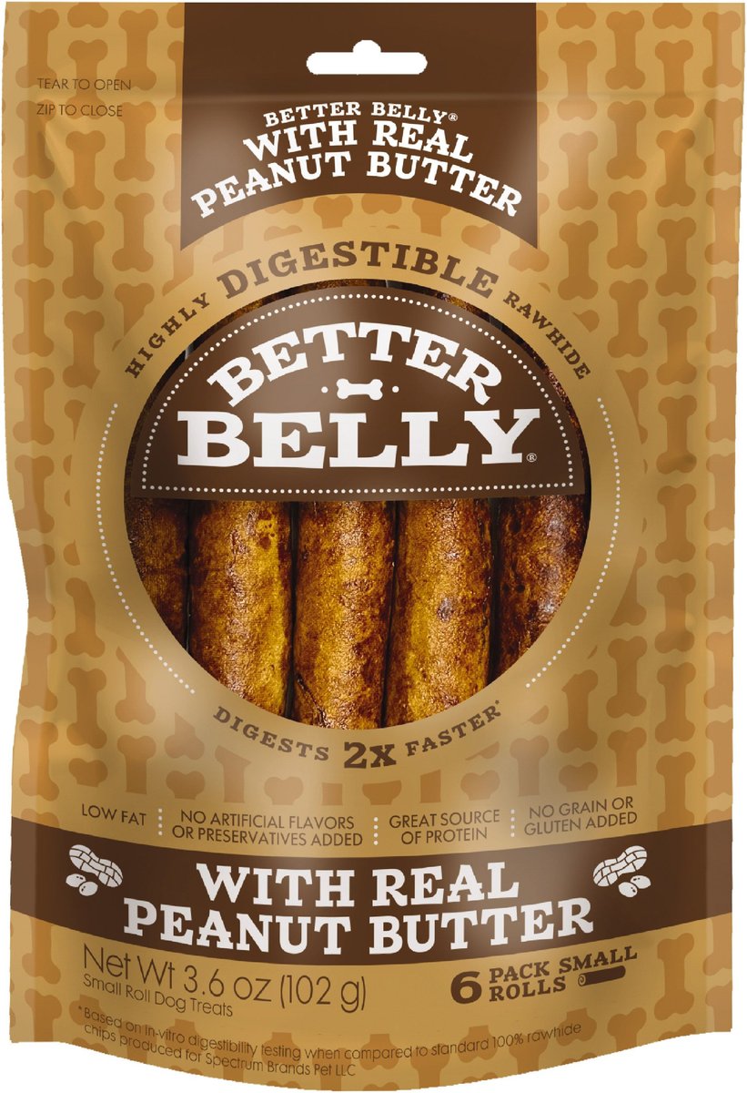 BETTER BELLY Proteins Rolls with Real Peanut Butter Highly Digestible Rawhide Dog Treat Chew ...