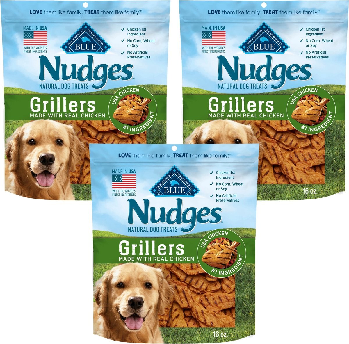 BLUE BUFFALO Nudges Grillers Chicken Dog Treats, 16-oz bag, bundle of 3 ...