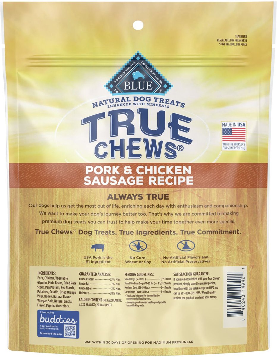 BLUE BUFFALO True Chews Natural Grain-Free Pork & Chicken Sausage Dog ...