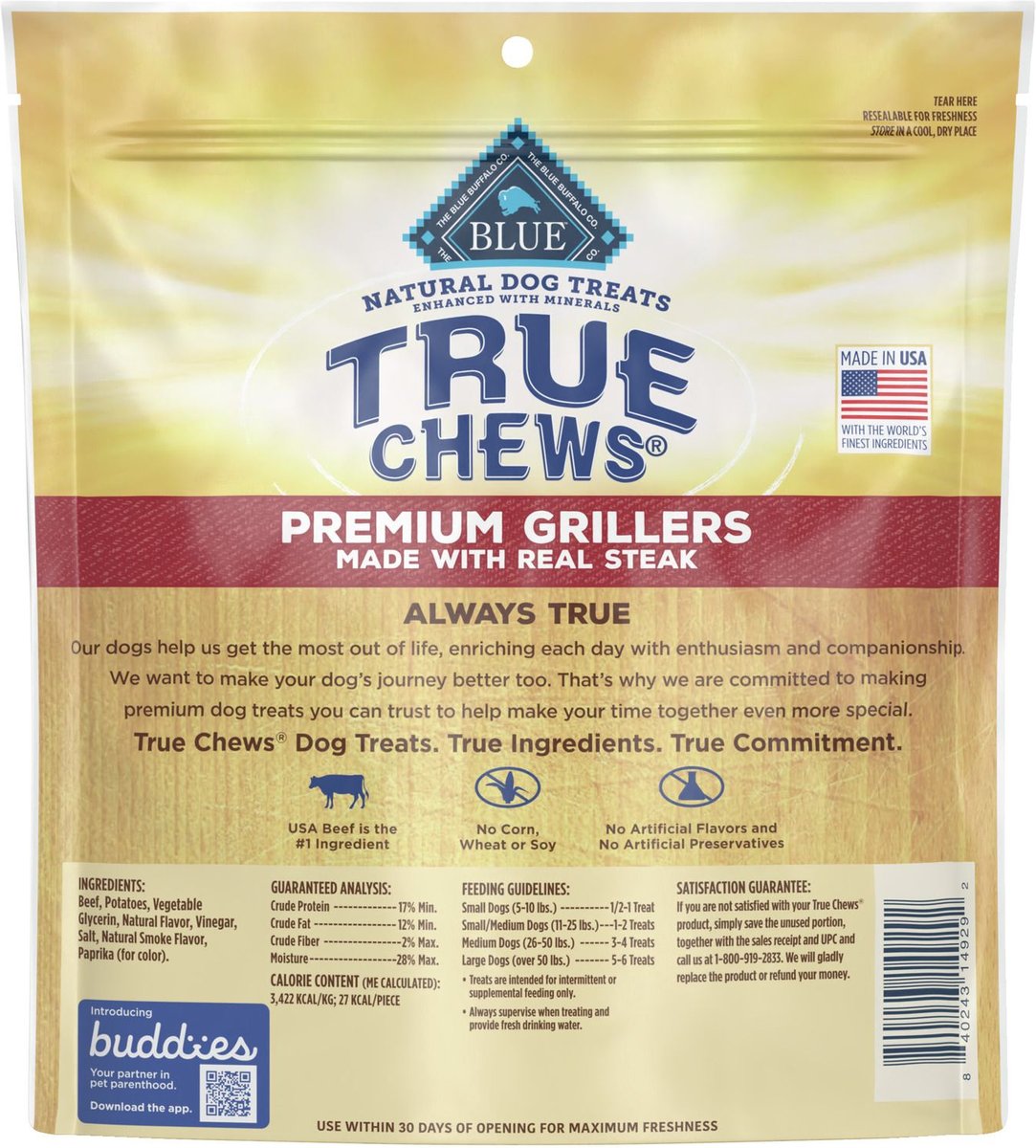 BLUE BUFFALO True Chews Premium Grillers with Real Steak Grain-Free Dog ...