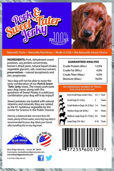 BLUE RIDGE NATURALS Pork & Sweet 'Tater Jerky Dog Treats, 6-oz bag ...