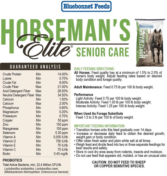 BLUEBONNET FEEDS Horsemans Elite Senior Care Soft Senior Horse Feed, 50 ...