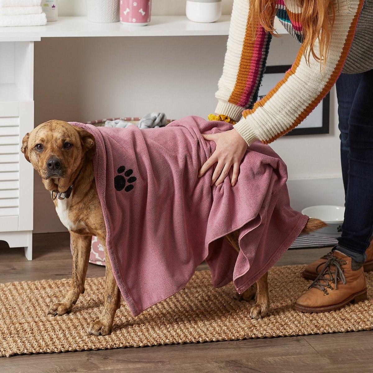 BONE DRY Embroidered Paw Dog & Cat Towel, Rose - Chewy.com