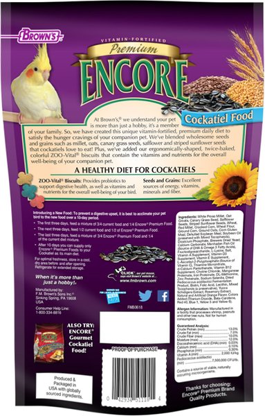 Browns Encore Premium Cockatiel Food 1 Lb Bag