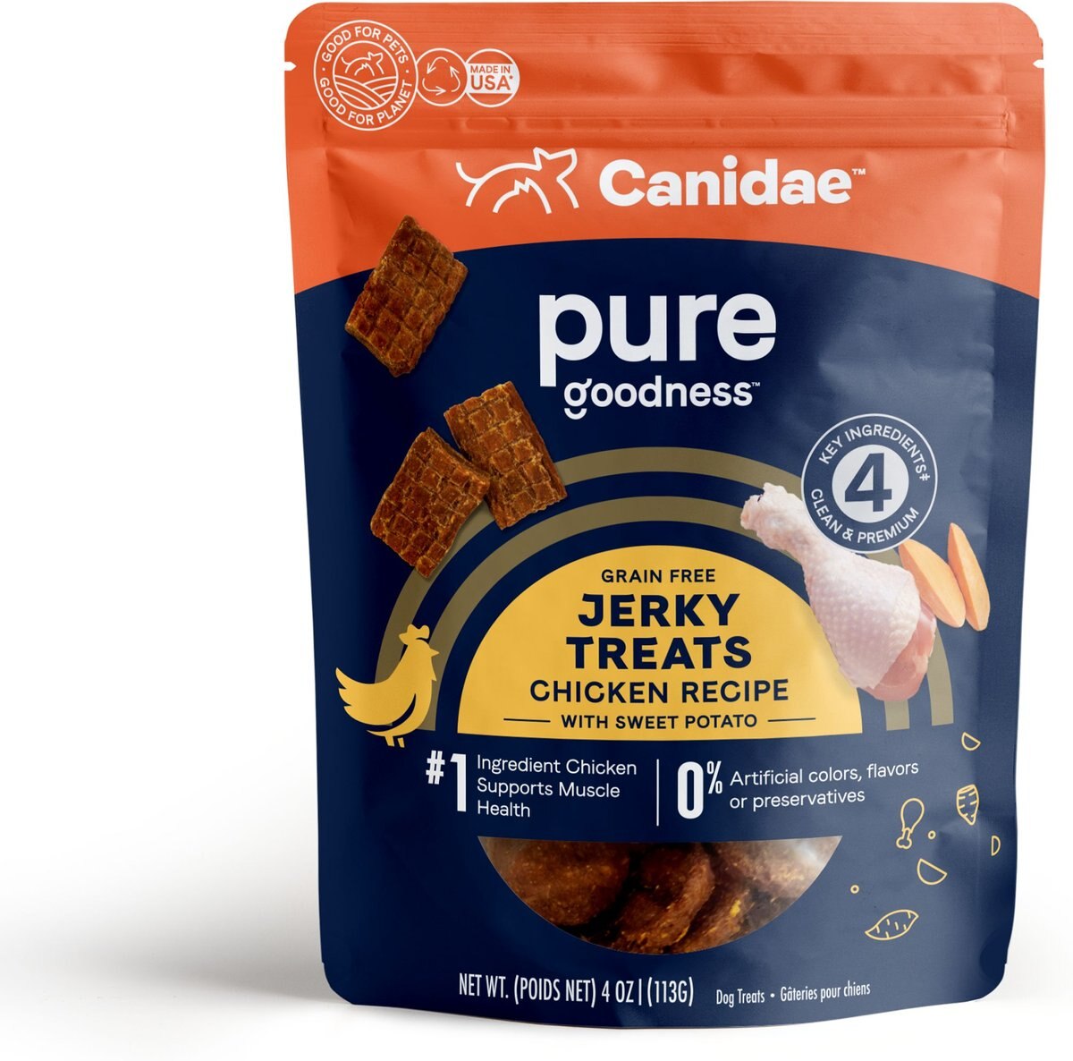 CANIDAE PURE Chicken & Sweet Potato Recipe Jerky Dog Treats, 4-oz bag ...