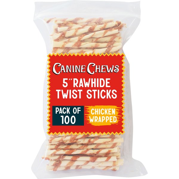 CANINE CHEWS 5-inch Rawhide Twist Chicken Flavor Dental Dog Chews, 100 ...