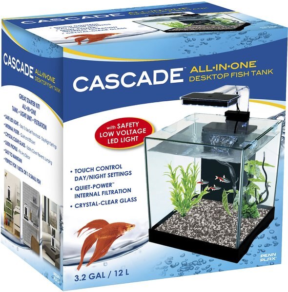 CASCADE All-in-One Desktop LED Light Glass Fish Tank Kit, 3.2-gal ...