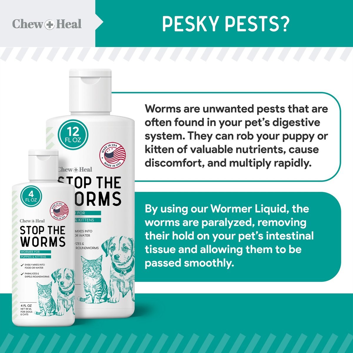 CHEW + HEAL Stop The Worms Wormer for Puppies & Kittens, 4-fl oz bottle ...