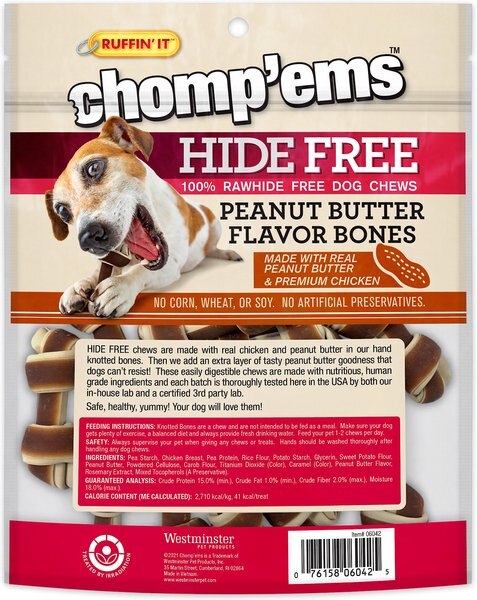 CHOMP'EMS Hide-Free Knot Bones Two-Tone Peanut Butter Dog Treats, 20 ...
