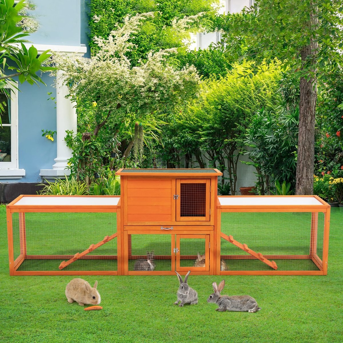 COZIWOW 94-in Indoor & Outdoor Wooden Rabbit Hutch, Large, Brown ...