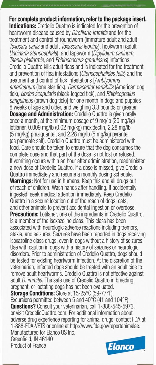 CREDELIO QUATTRO Chewable Tablets for Dogs, 25.1-50 lbs, 6 Chewables (6 ...