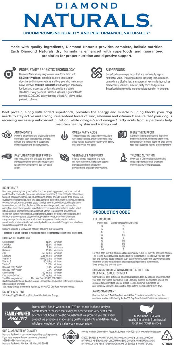 DIAMOND Naturals Beef Meal & Rice Formula Adult Dry Dog Food, 40-lb bag ...