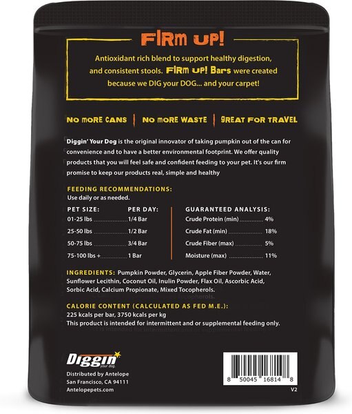 DIGGIN' YOUR DOG Firm Up! Pumpkin Bars Digestive Aid Dehydrated Dog ...