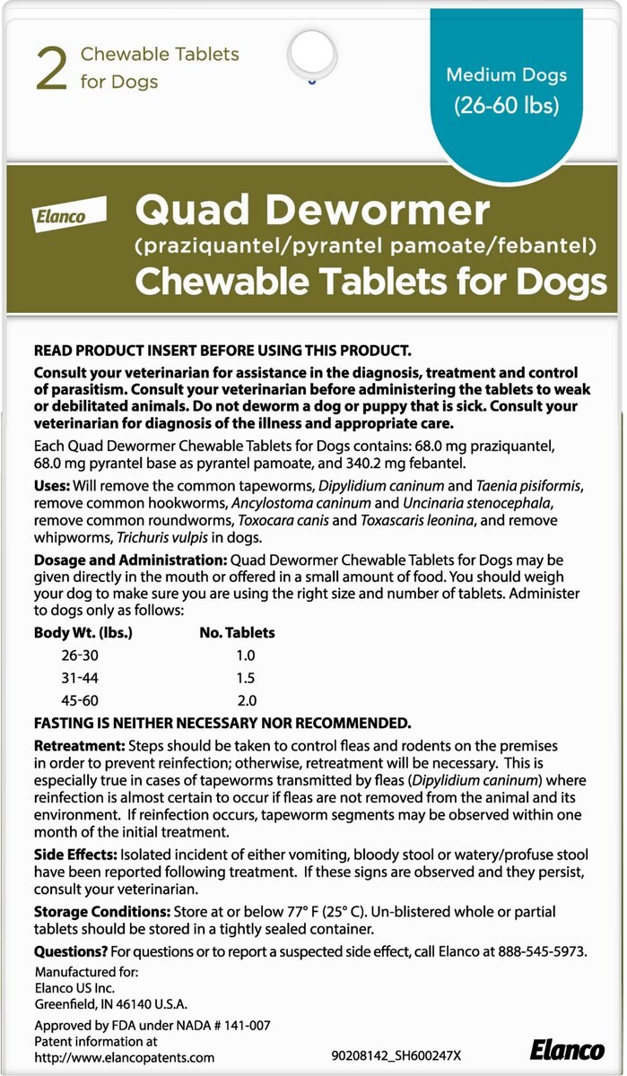 ELANCO Quad Dewormer for Hookworms, Roundworms, Tapeworms & Whipworms ...