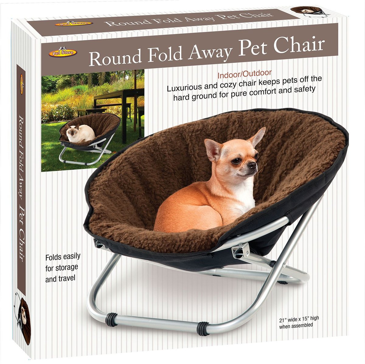ETNA Round Folding Chair Fleece Dog & Cat Bed, Brown, 21 x 21 x 15-in ...