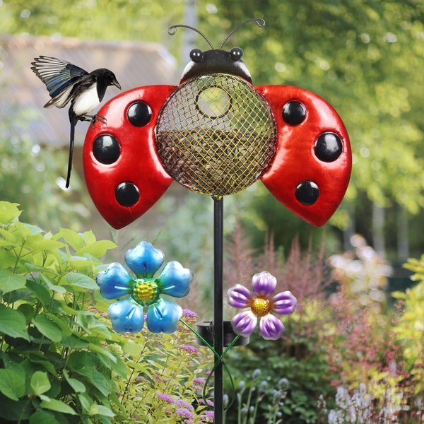 Discontinued - EXHART Solar Hand Painted Ladybug Metal Mesh Pellet Bird ...