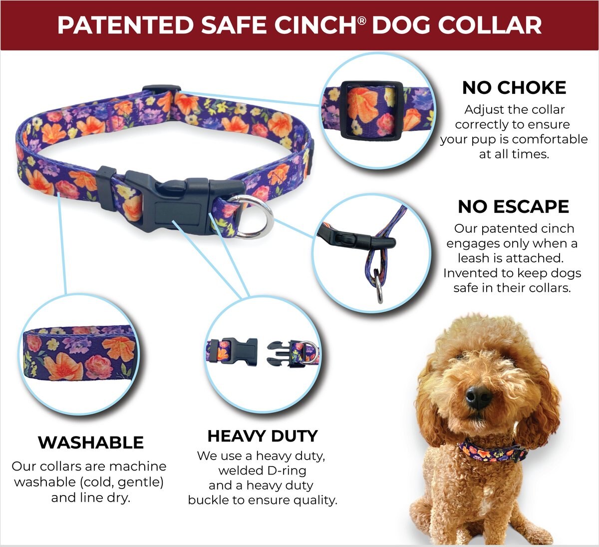FEARLESS PET Safe Cinch Dog Collar, Poppies, Small/Medium - Chewy.com