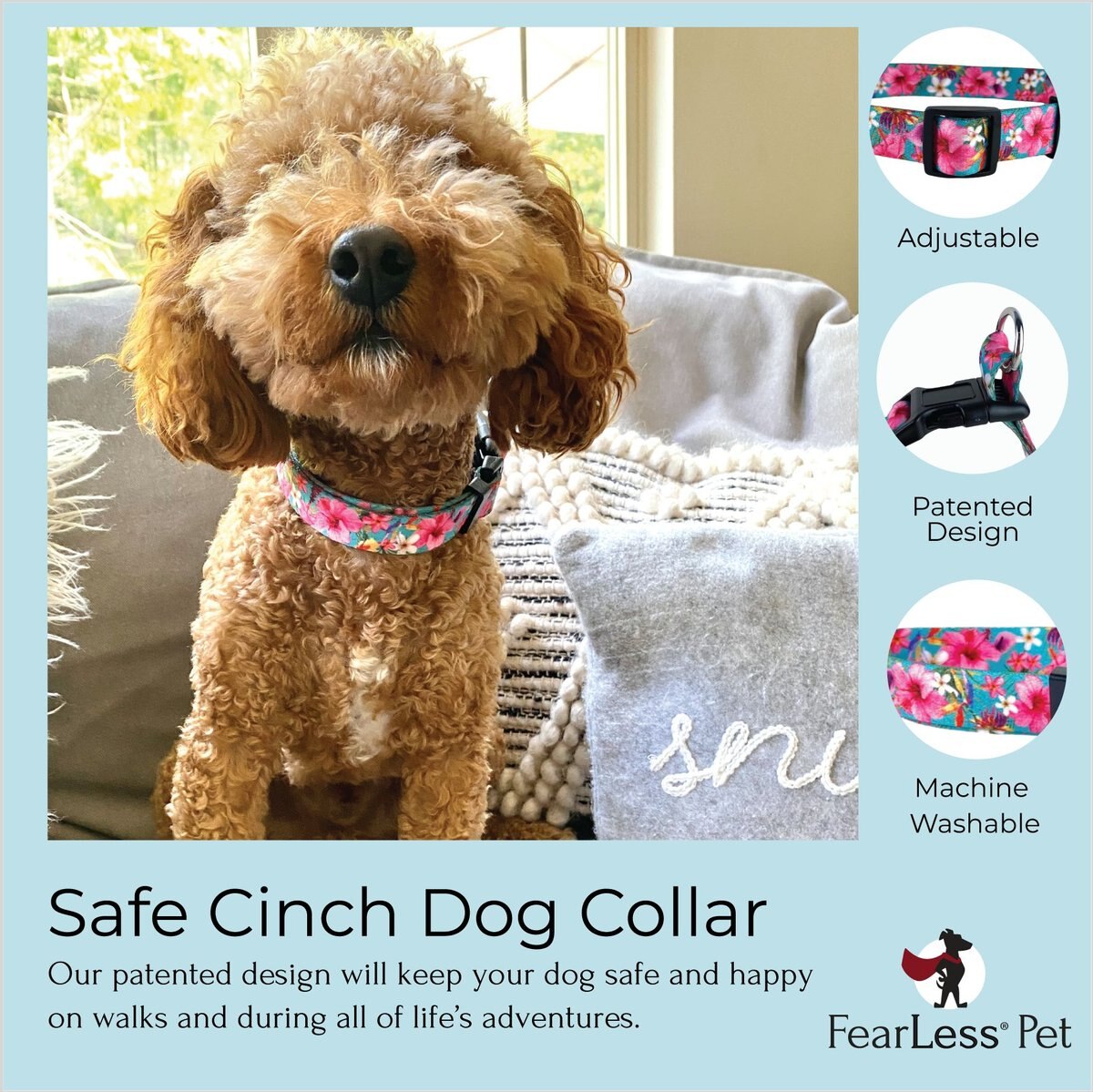 FEARLESS PET Safe Cinch Dog Collar, Teal Hawaiian, Medium/Large - Chewy.com