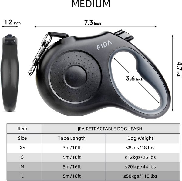 FIDA JFA Retractable Dog Leash, Black, Medium: 16-ft long - Chewy.com
