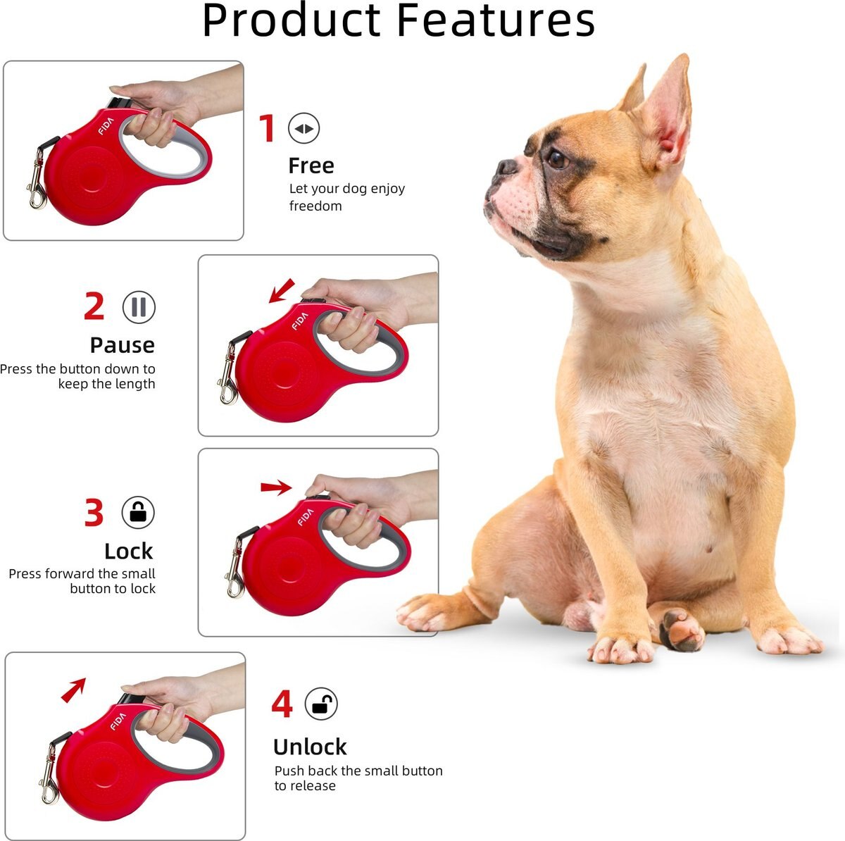 FIDA JFA Retractable Dog Leash, Red, Small: 16-ft long - Chewy.com
