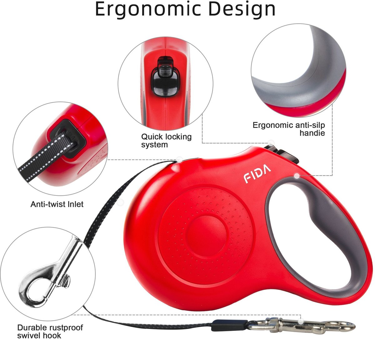 FIDA JFA Retractable Dog Leash, Red, Small: 16-ft long - Chewy.com
