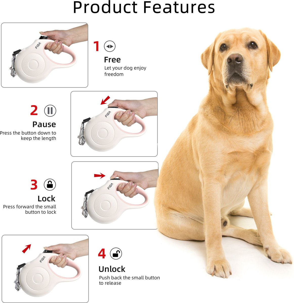 FIDA JFA Retractable Dog Leash, White, Medium: 16-ft long - Chewy.com