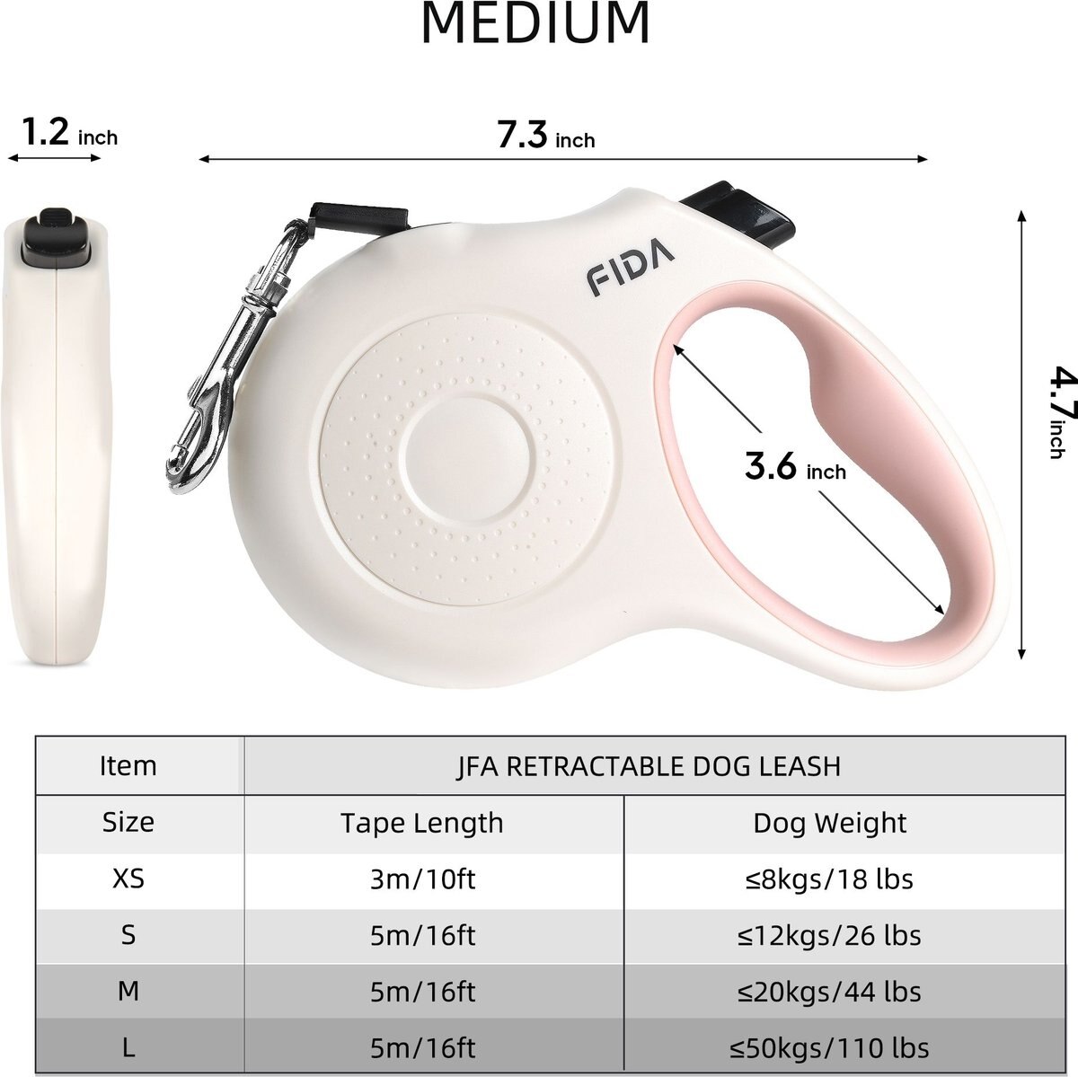 FIDA JFA Retractable Dog Leash, White, Medium: 16-ft long - Chewy.com