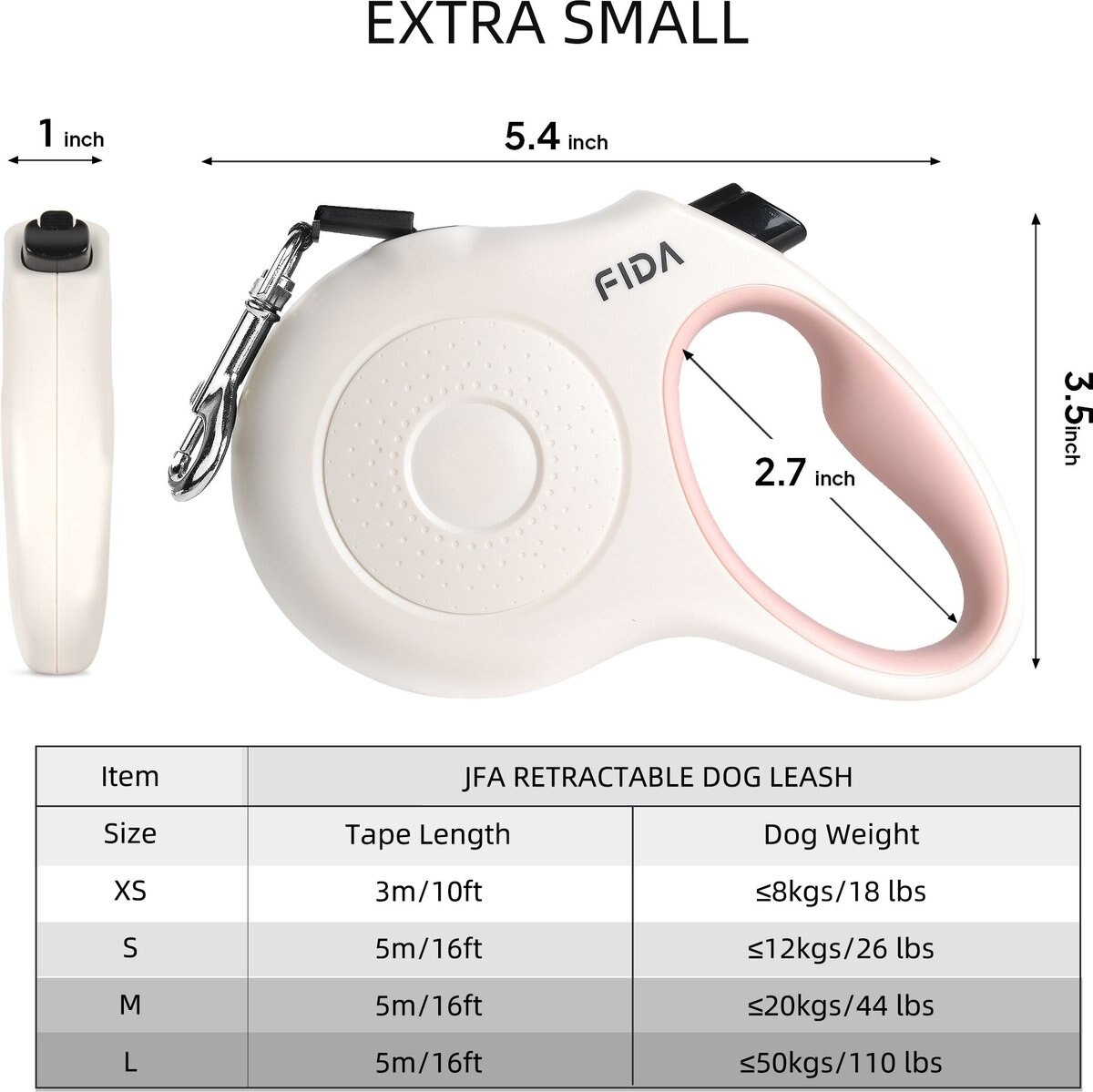 FIDA JFA Retractable Dog Leash, White, X-Small: 10-ft long - Chewy.com