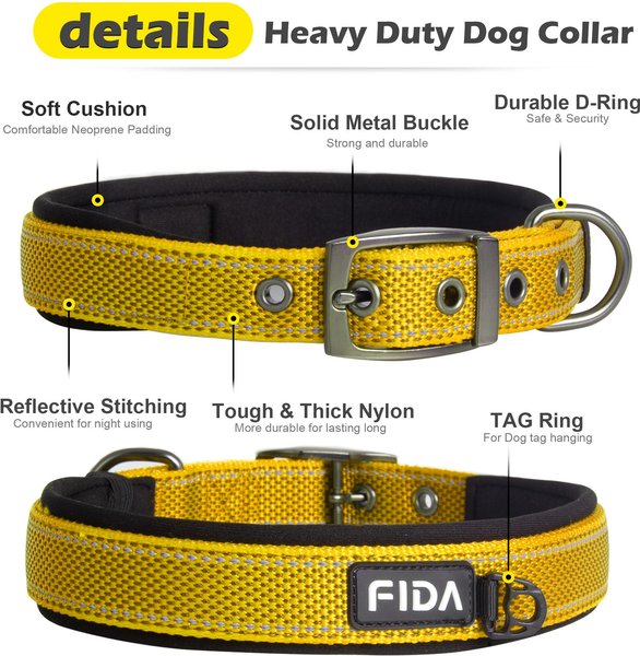 FIDA Neoprene Lined Dog Collar, Yellow, Large: 19 to 23-in neck, 1-in ...