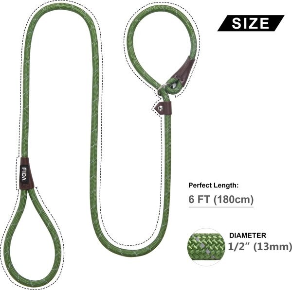 FIDA Rope Slip Training Dog Leash, 6-ft long, 1/2-in wide, Green ...