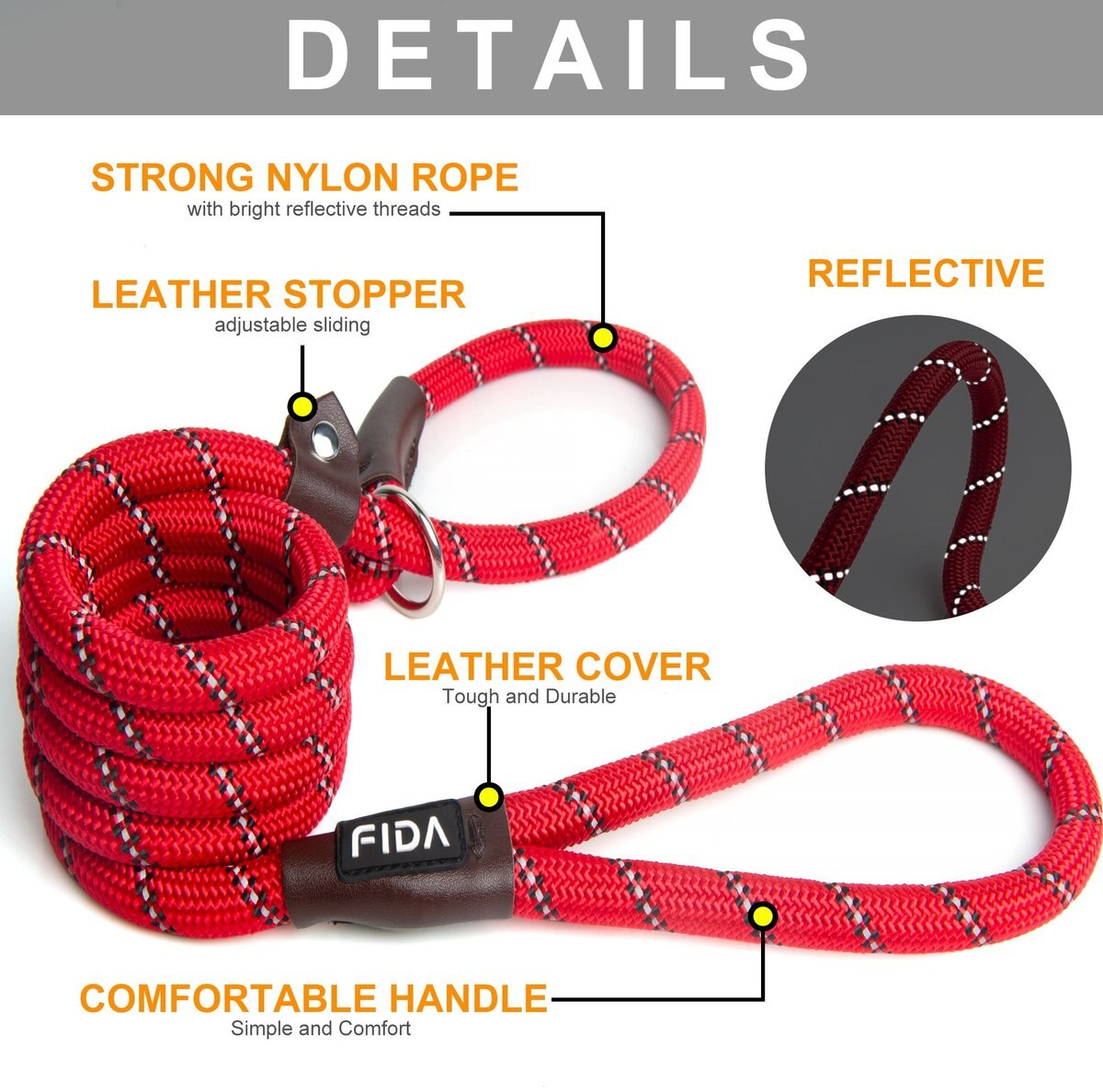 FIDA Rope Slip Training Dog Leash, 6-ft long, 1/2-in wide, Red - Chewy.com