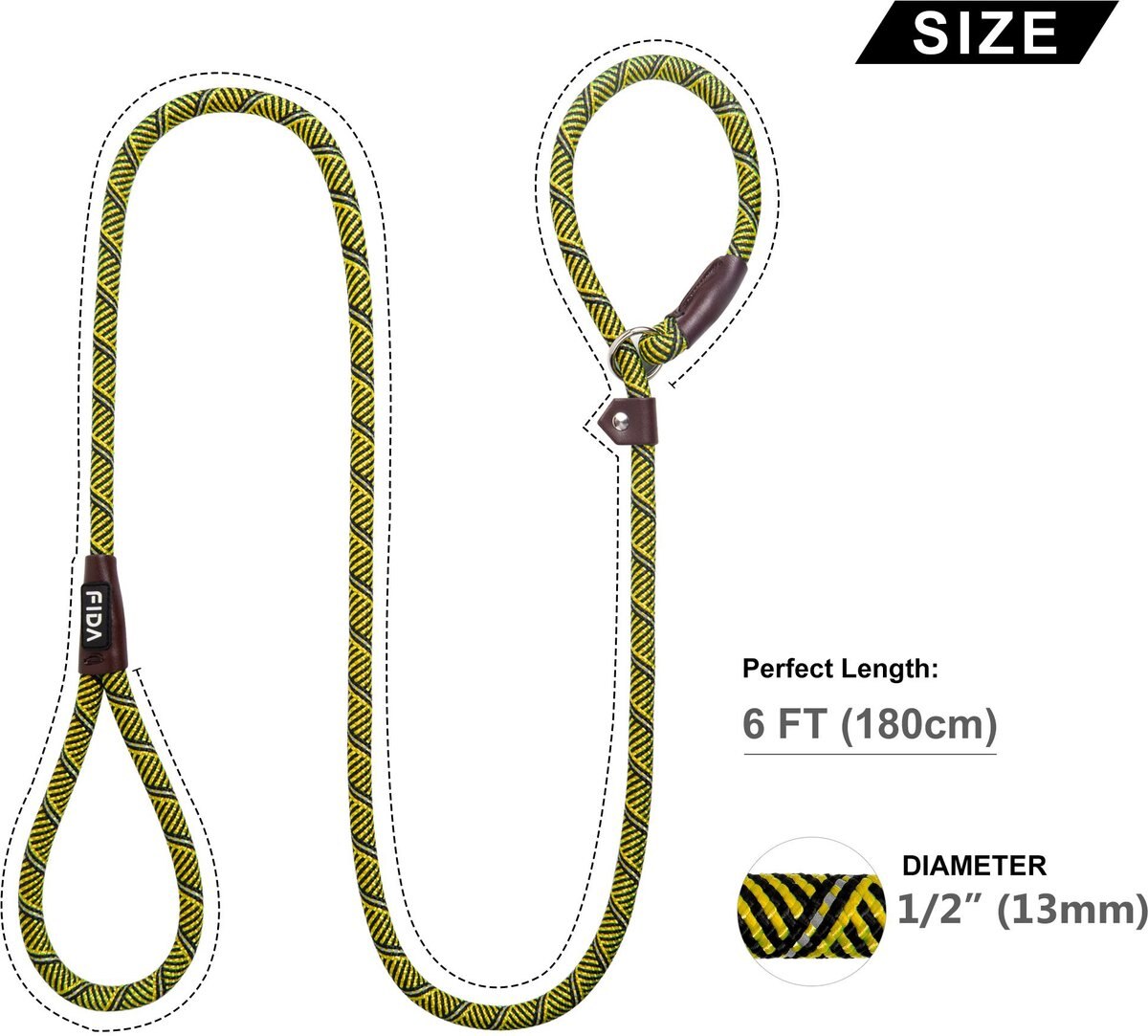 FIDA Rope Slip Training Dog Leash, 6-ft long, 1/2-in wide, Yellow ...