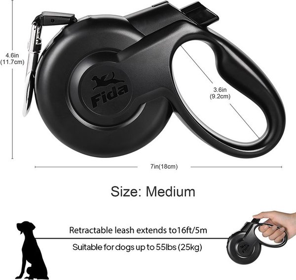 FIDA Styleash Retractable Dog Leash, 16-ft long, Black, Medium - Chewy.com