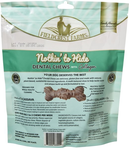 FIELDCREST FARMS Nothin' to Hide Beef 5-in Dental Dog Chews, 6 count ...