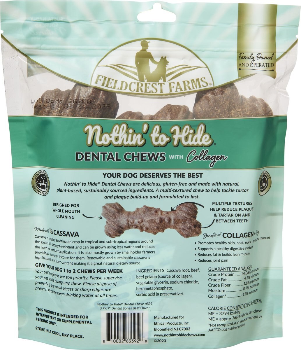FIELDCREST FARMS Nothin' to Hide Beef 7-in Dental Dog Chews, 3 count ...