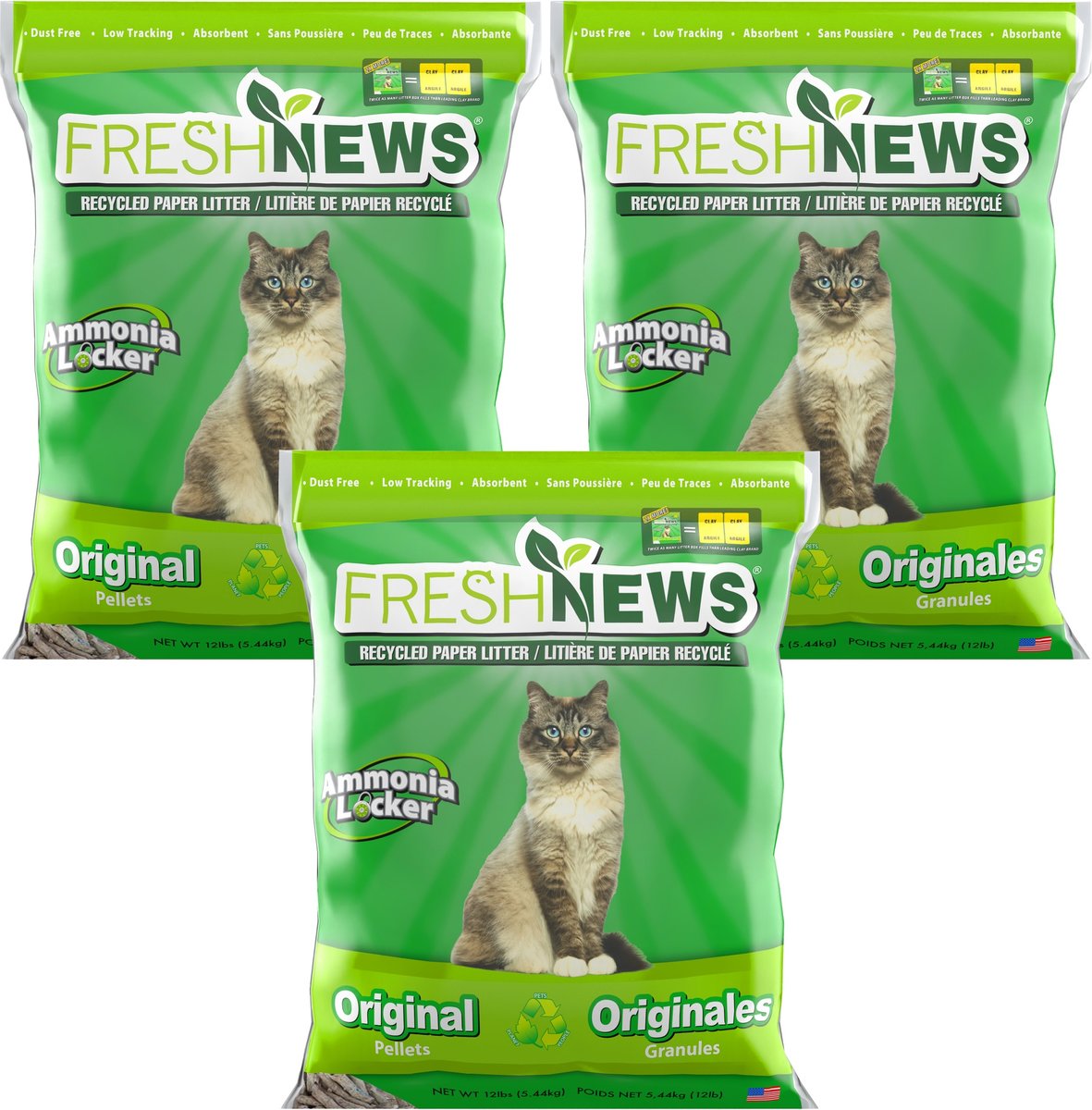 FRESH NEWS Unscented Non-Clumping Paper Cat Litter, 12-lb bag, bundle ...