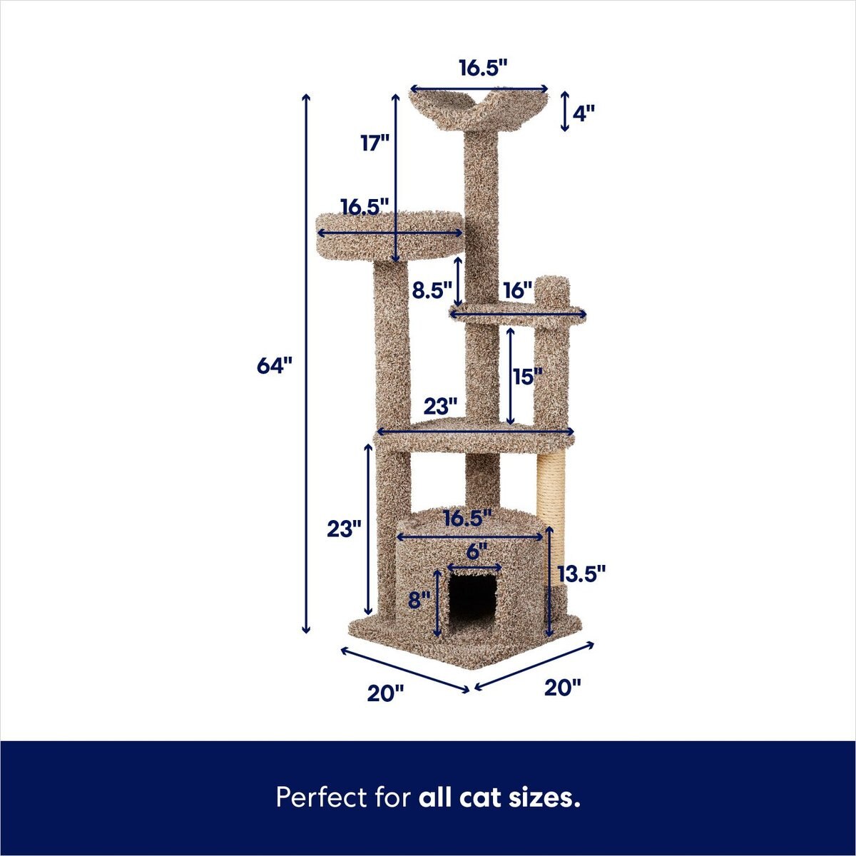 FRISCO 64-in Real Carpet Solid Wood Cat Tree & Condo, Brown Speckled ...