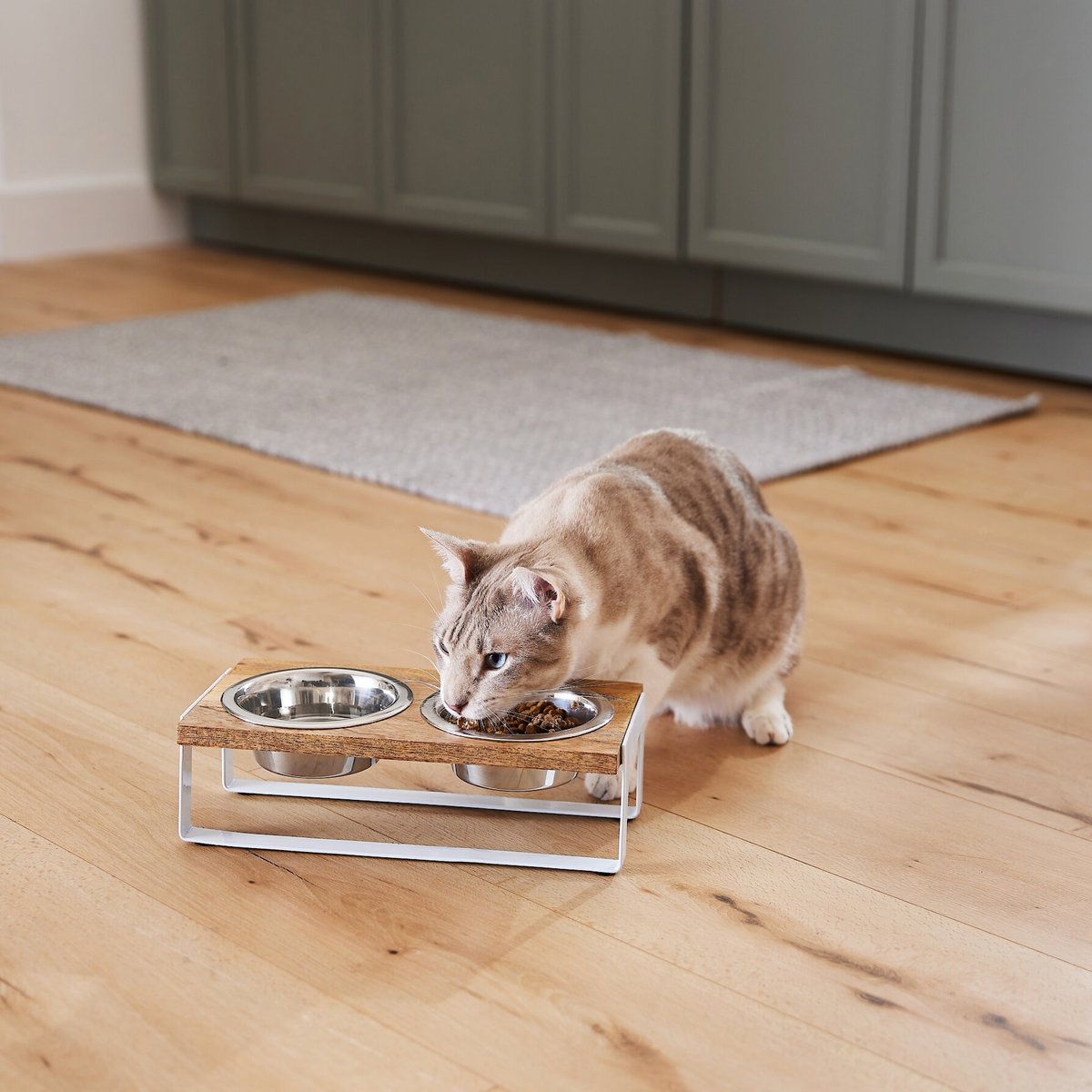 FRISCO Wooden Bars Dog & Cat Double Bowl Diner, White, Small: 1.5 cup ...