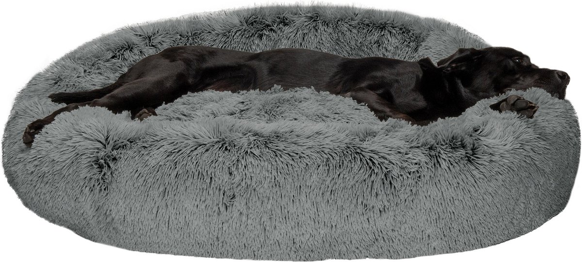 FURHAVEN Calming Cuddler Long Fur Donut Bolster Dog Bed, Gray, Jumbo ...