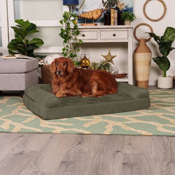 FURHAVEN Faux Fur Memory Top Bolster Dog Bed with Removable Cover, Dark ...